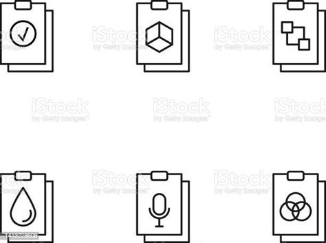 벡터 기호와 검은 색 얇은 선으로 그려진 단색 기호의 선 아이콘 컬렉션 상점 사이트 응용 프로그램에 적합합니다 체크의 아이콘 큐브 드롭 마이크 클립보드의 교차된 원 0명에