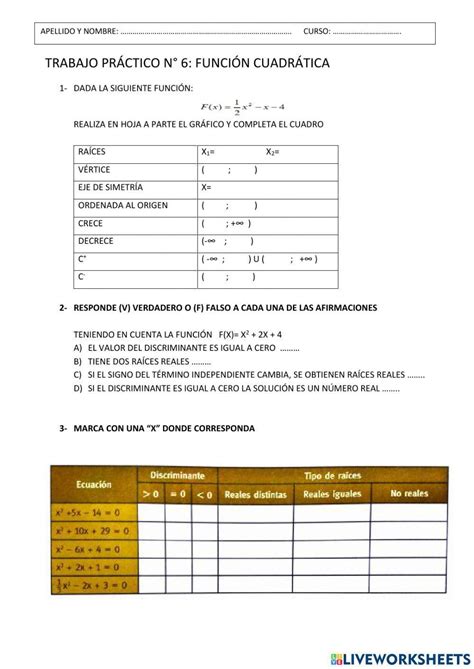 Función Cuadratica Tp 6 Matemáticas Exercise Live Worksheets
