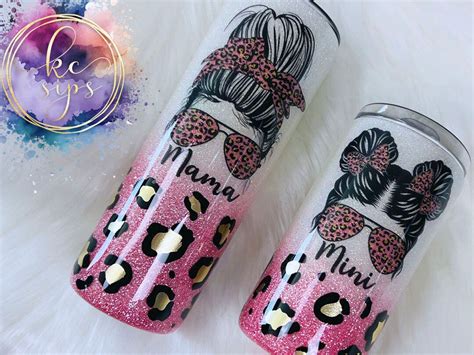 Mama And Mini Messy Bun Pink Leopard Glitter 20 Ounce And 12 Ounce
