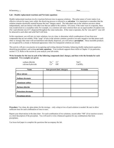 Double Replacement Reactions And Net Ionic Equations Quia
