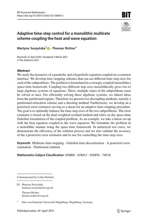 Pdf Adaptive Time Step Control For A Monolithic Multirate Scheme Coupling The Heat And Wave