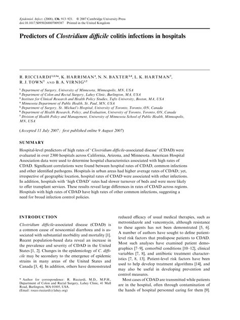 Pdf Predictors Of Clostridium Difficile Colitis Infections In Hospitals