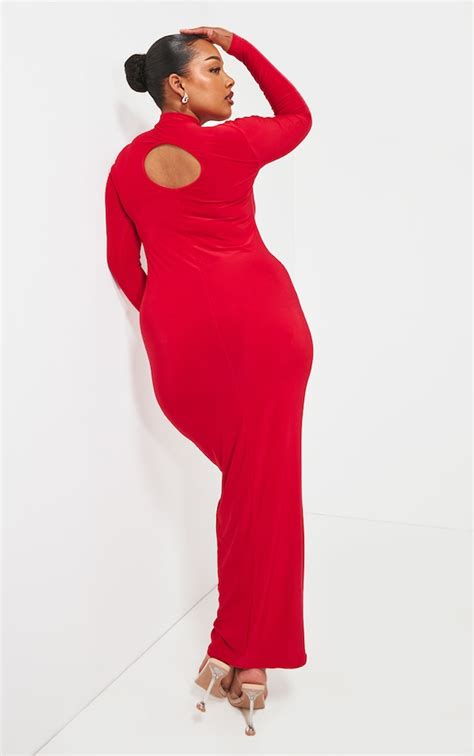 Plus Dark Red Long Sleeve Cut Out Back Maxi Dress Plus Size