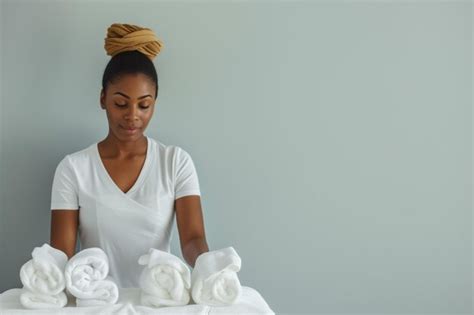 Premium Photo Masseuse Rolling Towels Wall With Copy Space Behind Her