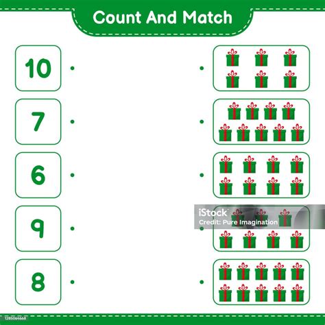 수계산 및 일치 기프트 박스의 수를 계산하고 올바른 숫자와 일치합니다 교육 어린이 게임 인쇄 워크 시트 벡터 일러스트레이션 0명에 대한 스톡 벡터 아트 및 기타 이미지