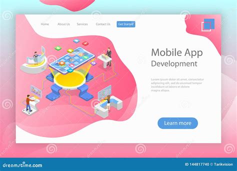flat isometric vector landing page template of mobile app development