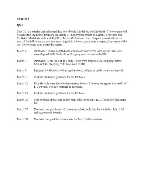 ch 5 chapter 5 assignment chapter 5 q5 tool co is a retailer that