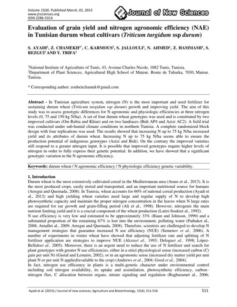 Pdf Evaluation Of Grain Yield And Nitrogen Agronomic Efficiency Nae In Tunisian Durum Wheat