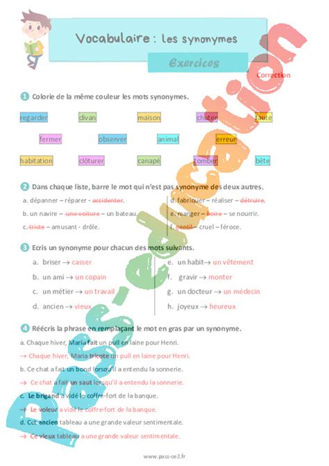 Les Synonymes Exercices De Vocabulaire Pour Le Ce2 Cycle 2 Pdf à