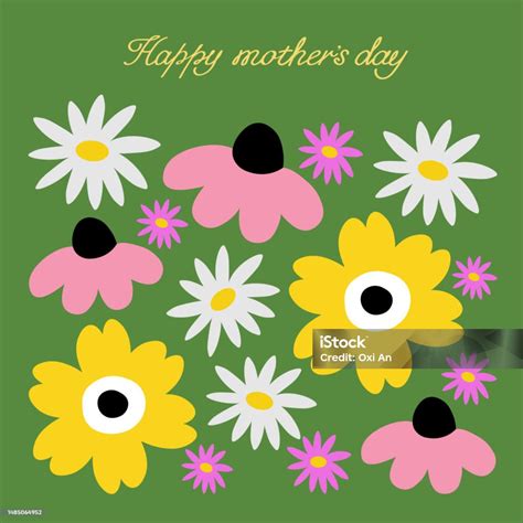 해피 어머니의 날 국제 공휴일을 축하합니다 녹색 배경에 꽃과 비문이 있는 손으로 그린 들판 만화 그림입니다 엽서 배너 인쇄