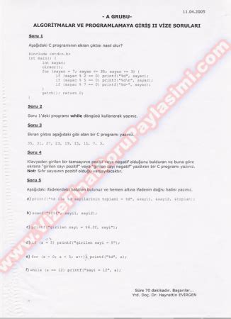 Algoritma ve Programlama Dersi Vize Soruları Vize ve Final Soruları