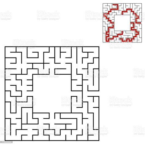 입구와 출구가있는 검은 정사각형 미로 아이들을위한 흥미롭고 유용한 게임 흰색 배경에 격리 된 간단한 평면 벡터 그림입니다 당신의 도면을위한 장소와 함께 대답과 함께 개념에