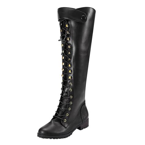 Entyinea High Heel Boots For Women Low Heel Round Toe Zipper Knee High