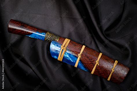 Knife Custom Or Enep In The Natural Wood Scabbard On Old Table