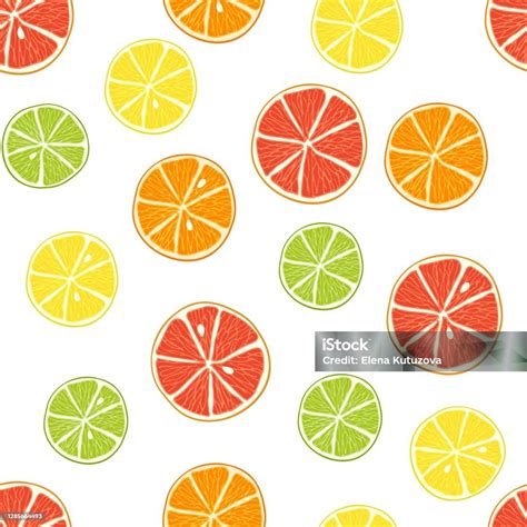 감귤류와 매끄러운 패턴 라임 오렌지 자몽 레몬 조각 흰색 배경에 밝은 조각 사탕 달콤한 이국적인 슬라이스 주스 벡터 그림입니다 여름 과일 아이콘 과일 배경 0명에 대한 스톡