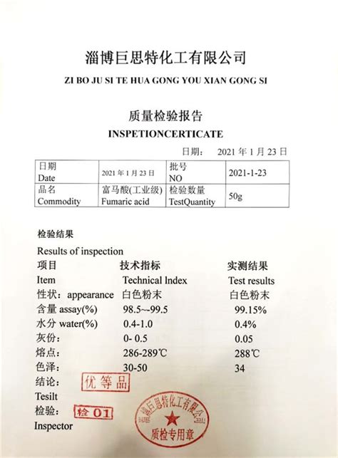 荣誉资质 淄博巨思特化工有限公司 工业级富马酸饲料级富马酸食品级富马酸