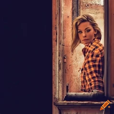 Blonde Actress In Red Plaid Shirt And Black Leather Trousers Peeking