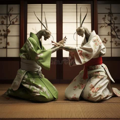 Two Praying Mantis Fighting On The Tatami Mat Stock Illustration