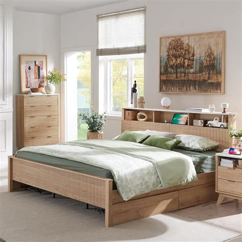 OKD Queen Bed Frame With Bookcase Headboard Wood Modern Fluted Panel