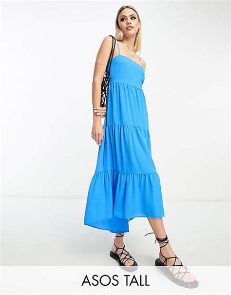 Asos Design Tall Open Back Tiered Hi Low Hem Maxi Dress In Blue Asos