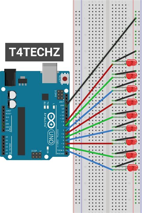 arduino led chaiser code and circuit diagram by t4techz