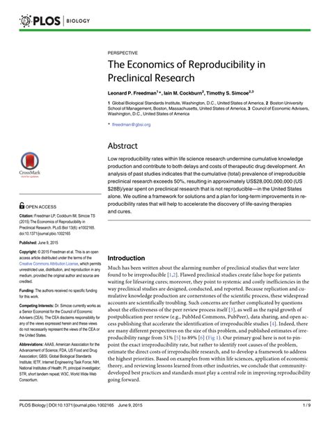 Pdf The Economics Of Reproducibility In Preclinical Research