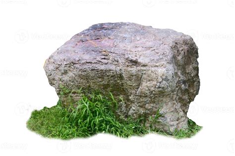 Large Natural Rock With Grass On White Background Isolated For