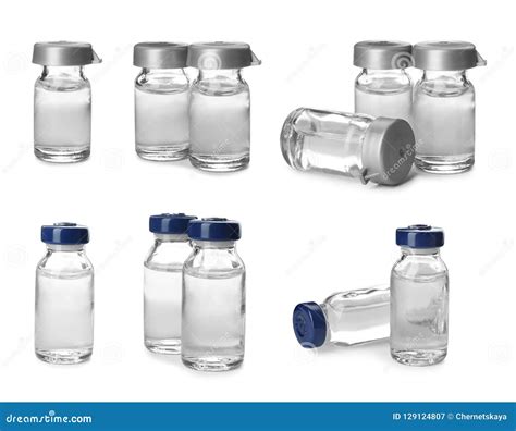 Reeks Met Flesjes Oplossing Voor Injectie Op Witte Achtergrond Stock