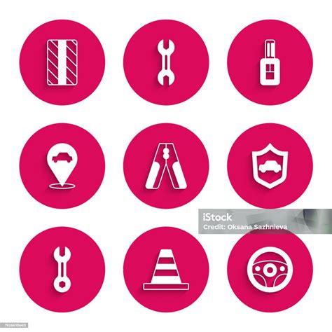 자동차 배터리 점퍼 전원 케이블 교통 원뿔 스티어링 휠 방패 렌치 스패너 위치 자동차 서비스 키 리모컨 및 타이어 아이콘을 설정합니다 벡터 건설 산업에 대한 스톡 벡터 아트