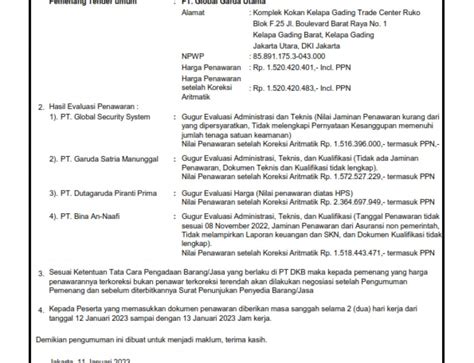 Pengumuman Pemenang Tender Pengadaan Airbag PT DKB
