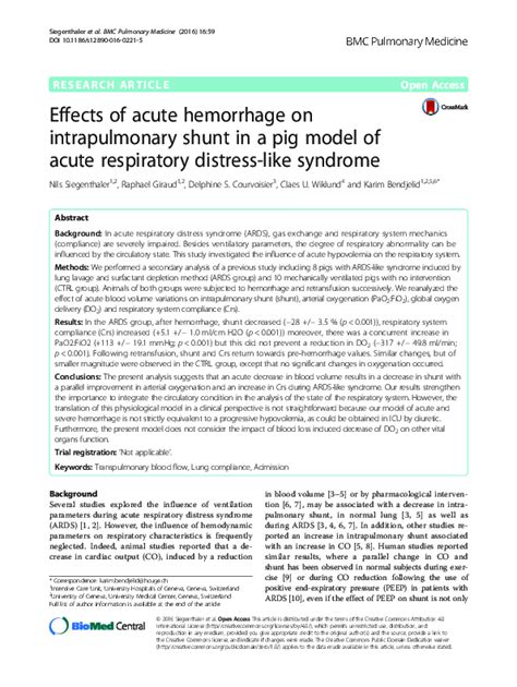 Pdf Effects Of Acute Hemorrhage On Intrapulmonary Shunt In A Pig