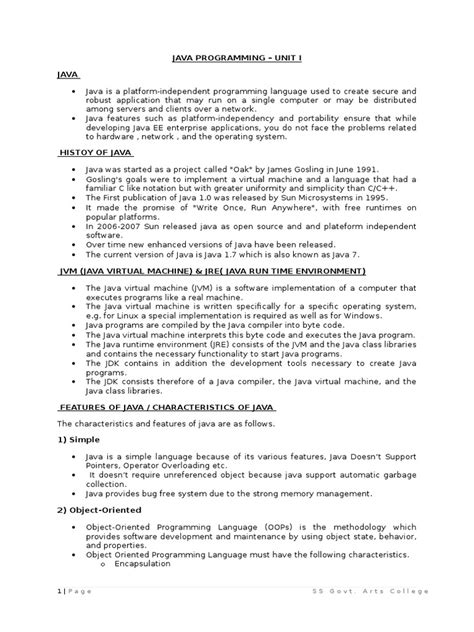 Java Programming Unit I Java Ss Govt Arts College Pdf Java Programming Language