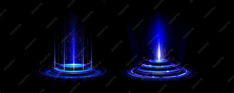 파란색 빛나는 네온 게임 포털 게임 Ui 개념을 위한 미래 텔레포트 연단의 실제 벡터 그림 우주 여행을 위한 플레어 및 라이트 서클 효과가 있는 매직 또는 사이버펑크