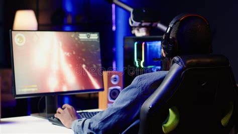 Gamer Losing Intense Singleplayer Spaceship Arcade Racing Videogame