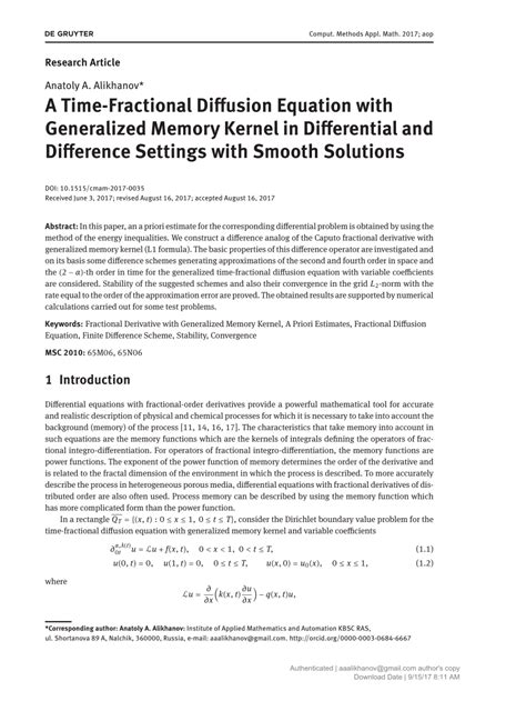 Pdf A Time Fractional Diffusion Equation With Generalized Memory Kernel In Differential And