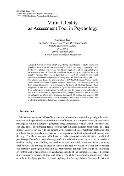 Pdf Virtual Reality As Assessment Tool In Psychology