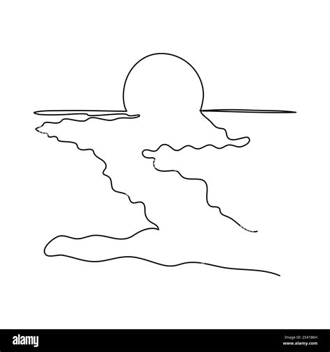 Sunset With Cloud On Sea Ocean Continuous One Line Drawing Sunrise One
