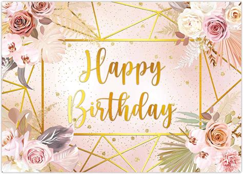 Funnytree 7x5ft Boho Happy Birthday Backdrop Flower Roses Leaves