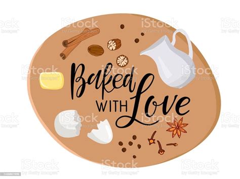 사랑 서예 로고로 구운 손으로 쓴 브러시 글자와 빵 가게 식품 시장 카페 레스토랑 달콤한 제품 요리 학교 엠블럼을 위한 플랫 홈 주방 개념 가정 생활에 대한 스톡 벡터 아트
