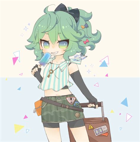 Safebooru 1girl Bare Shoulders Blush Bow Chibi Food Green Eyes Green