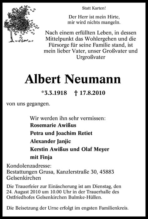 Traueranzeigen Von Albert Neumann Trauer In NRW De