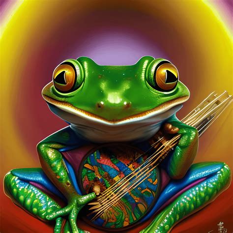Kawaii Centered Portrait Of Rainbow Happy Tree Frog With Colorful Spiritual Soul Playing A