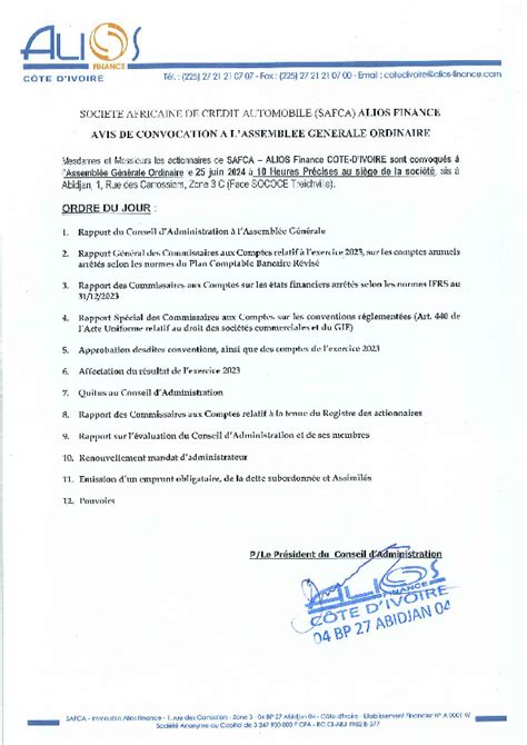 Avis De Convocation Assemblée Générale Ordinaire Safca C Abidjan