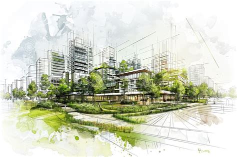 A Concept Of Sustainable Urban Planning Featuring A Green Park Zone Project Sketch The