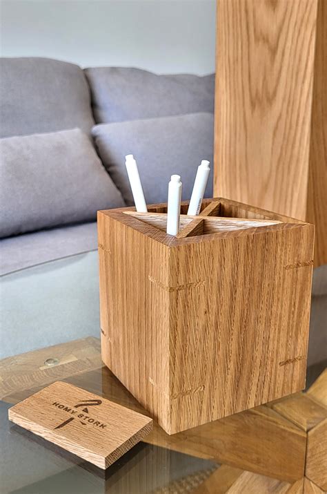 Solid Oak Cube Desk Organizer Handcrafted Elegance For Your Workspac