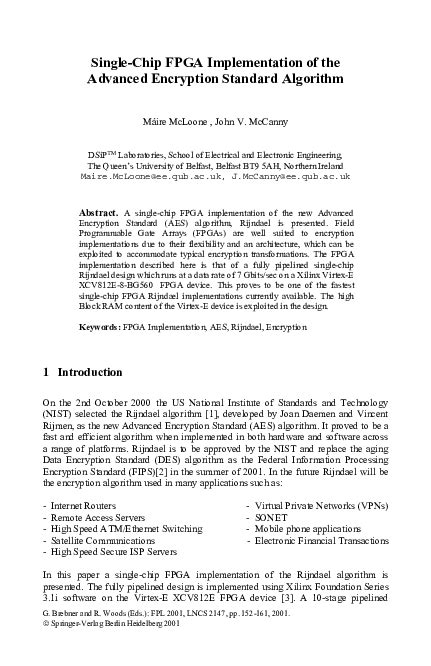 Pdf Single Chip Fpga Implementation Of The Advanced Encryption