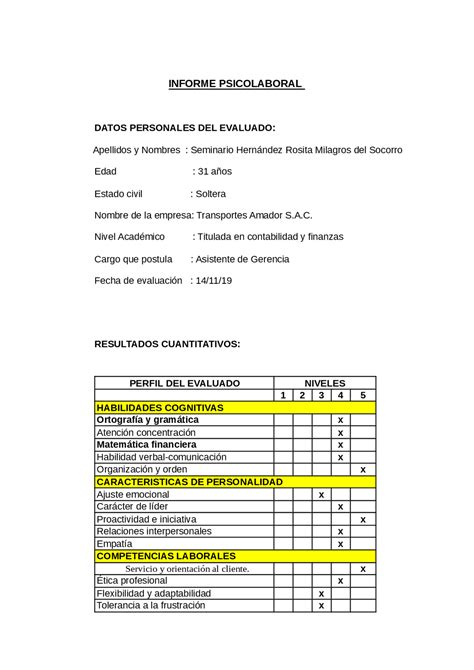 Informe Psicolaboral Para Seleccion De Personal Guías Proyectos