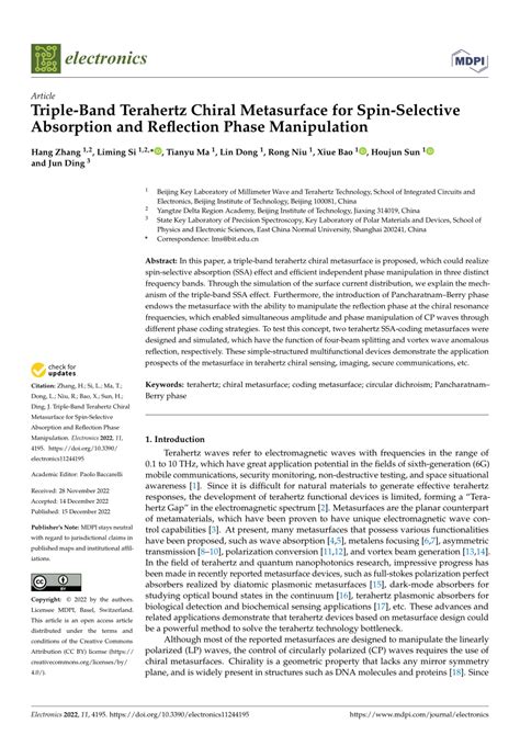 Pdf Triple Band Terahertz Chiral Metasurface For Spin Selective Absorption And Reflection