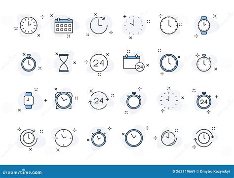 Set Of 24 Time And Clock Web Icons In Line Style Timer Speed Alarm Calendar Stock Vector