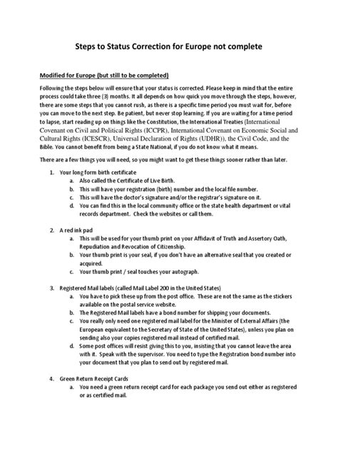Steps To Status Correction For Europe Not Complete Pdf Registered